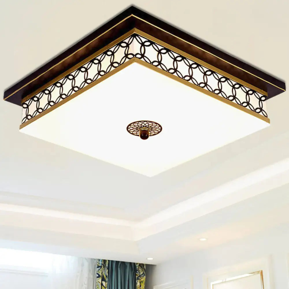 Traditional LED Flush Light: Milky Glass Square Ceiling Fixture, Black ...